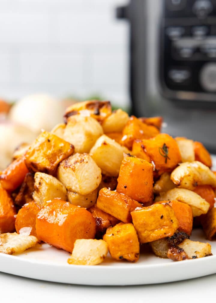 Air Fryer Root Vegetables Maple Glazed Striped Spatula