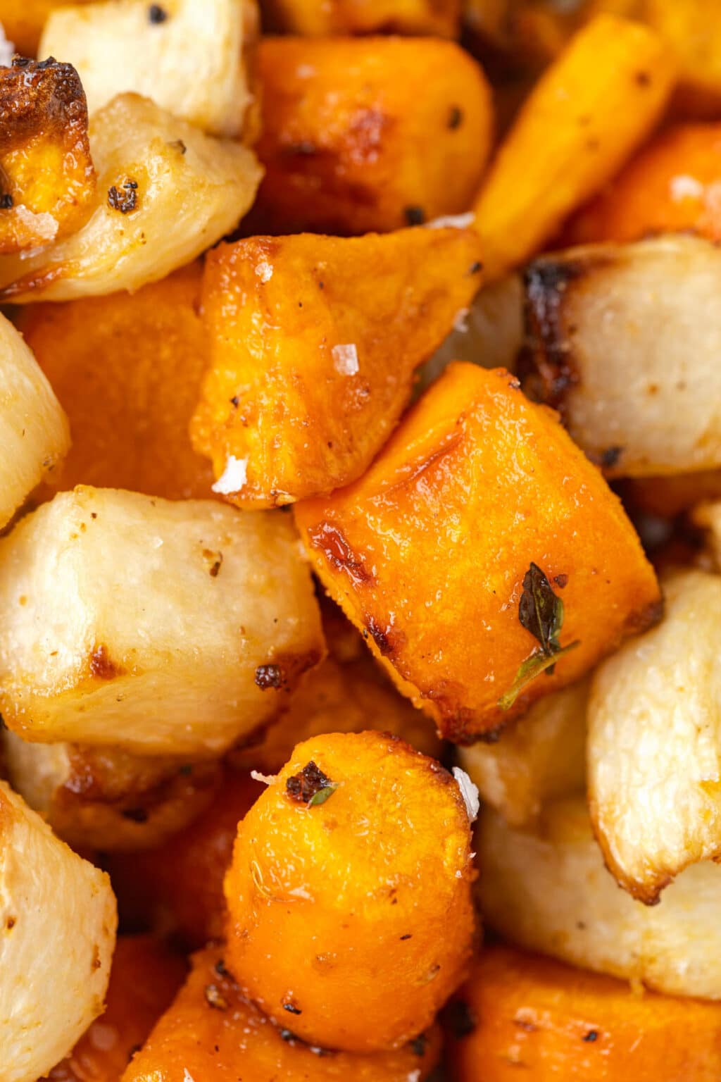 Air Fryer Root Vegetables Maple Glazed Striped Spatula